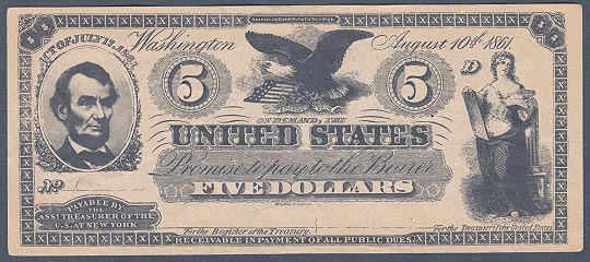 United States Obsolete Currency - $5 ND Motion Picture Prop Money