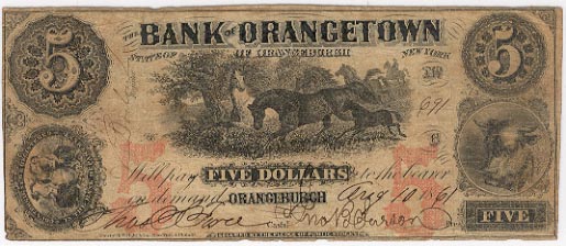 New York Obsolete Currency - $5 1861 Bank Of Orangetown, Orangeburgh