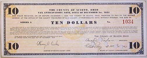 Ohio Obsolete Currency - $10 1934 County Of Scioto, Portsmouth