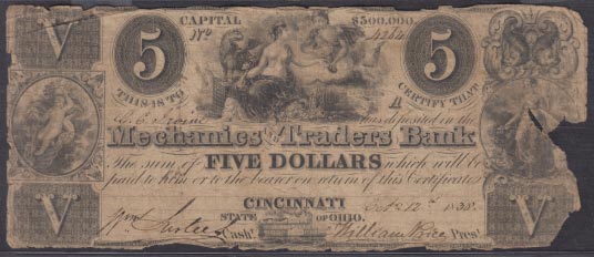 Ohio Obsolete Currency - $5 1838 Mechanics & Traders Bank, Cincinnati